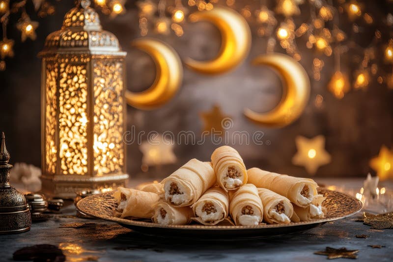A Decorative Plate of Rolled Sweets, Illuminated by Lanterns and ...