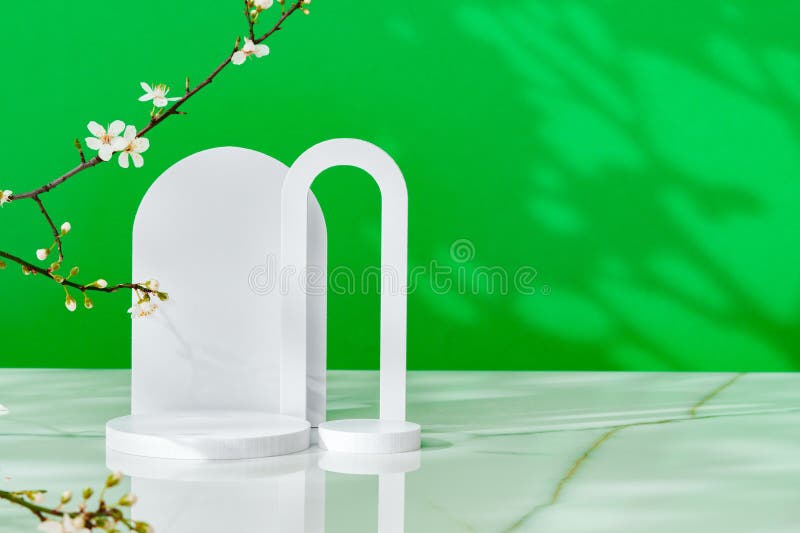 Decorative Podiums and Blooming Branches on Green Background with ...