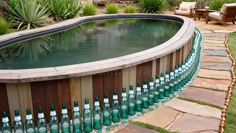 Decorative Pool Edge Made with Glass Bottles in a Serene Backyard ...