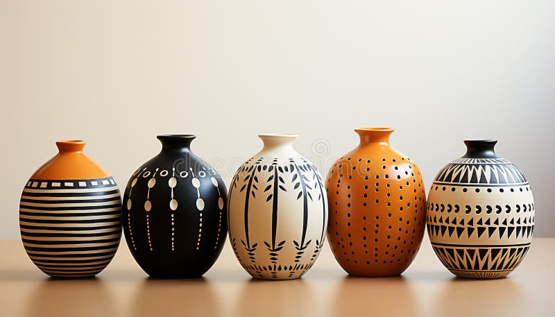 A Decorative Pottery Collection, Arranged Elegantly on a Wooden Table ...