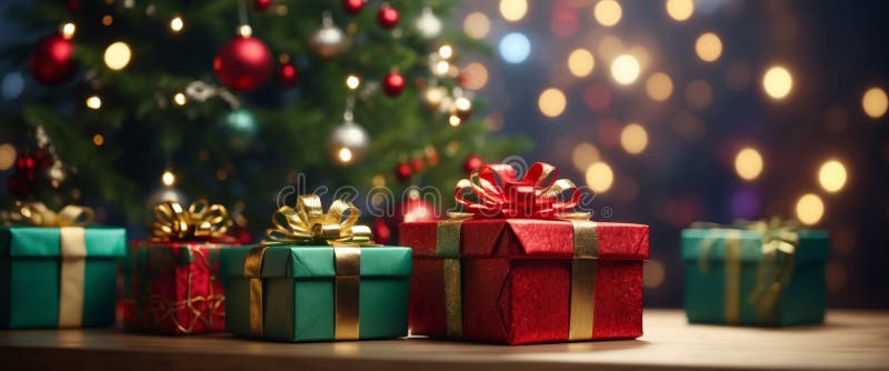 Decorative Present Boxes and Decorative Christmas Tree. Stock Photo ...