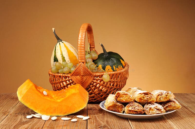 Decorative Pumpkins in Wicker Baskets and Pastries Stock Photo - Image ...