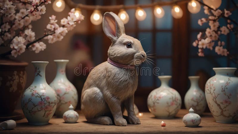 Adorable Beige Rabbit Figurine with Cherry Blossom Decor and Porcelain ...