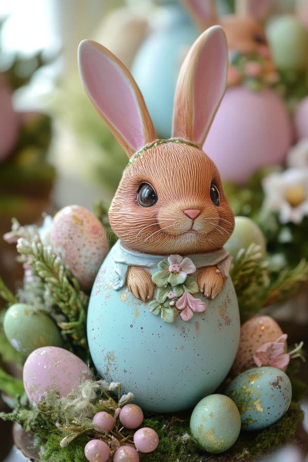Decorative Rabbits with Pastel Eggs Displayed on a Table Surrounded by ...