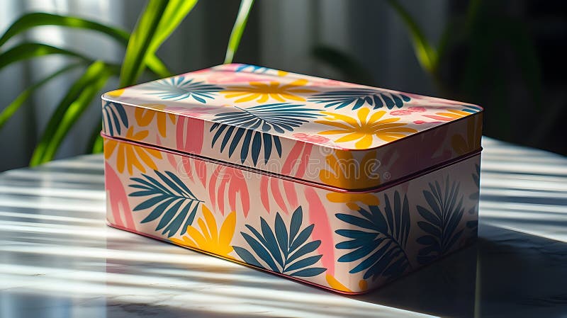 Decorative Rectangular Box with Floral Leaf Pattern on Striped Table ...