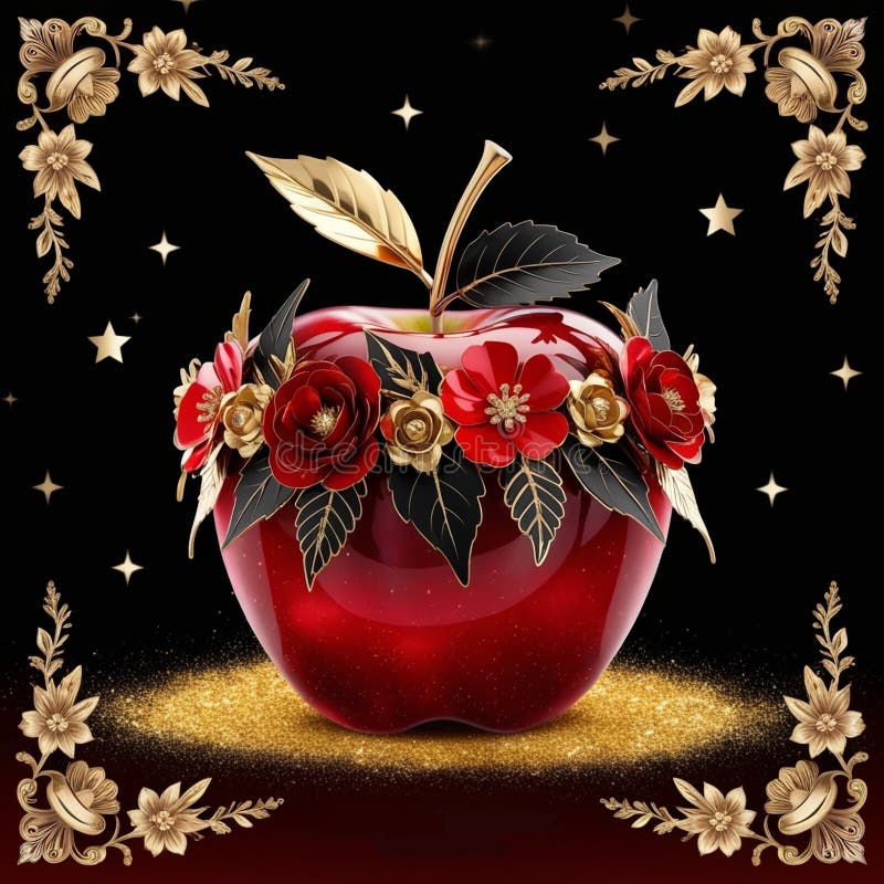 Decorative Red Apple: Elegant Design with Gold Accents and Stylized ...