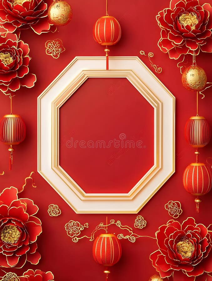 A Decorative Red Background with an Octagonal Frame, Flowers, and ...