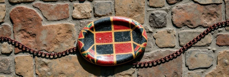 Decorative Red and Black Plate on Brick Wall with Chain Design Stock ...