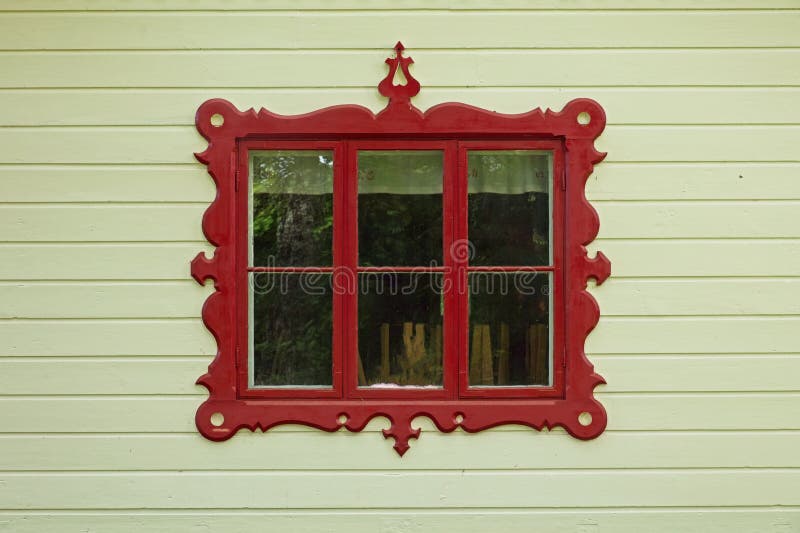 Red framed window. stock image. Image of outside, board - 313544099