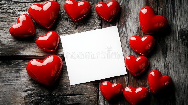Red Heart Decorations Surrounding Empty Square Note on Rustic Wooden ...