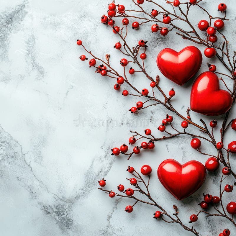 Decorative Red Hearts and Berries Arranged on a Light Marble Surface ...