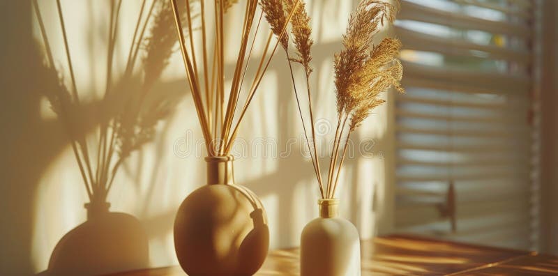 Decorative Reed Diffuser Bottles and Dried Pampas Grass in Sunlight ...