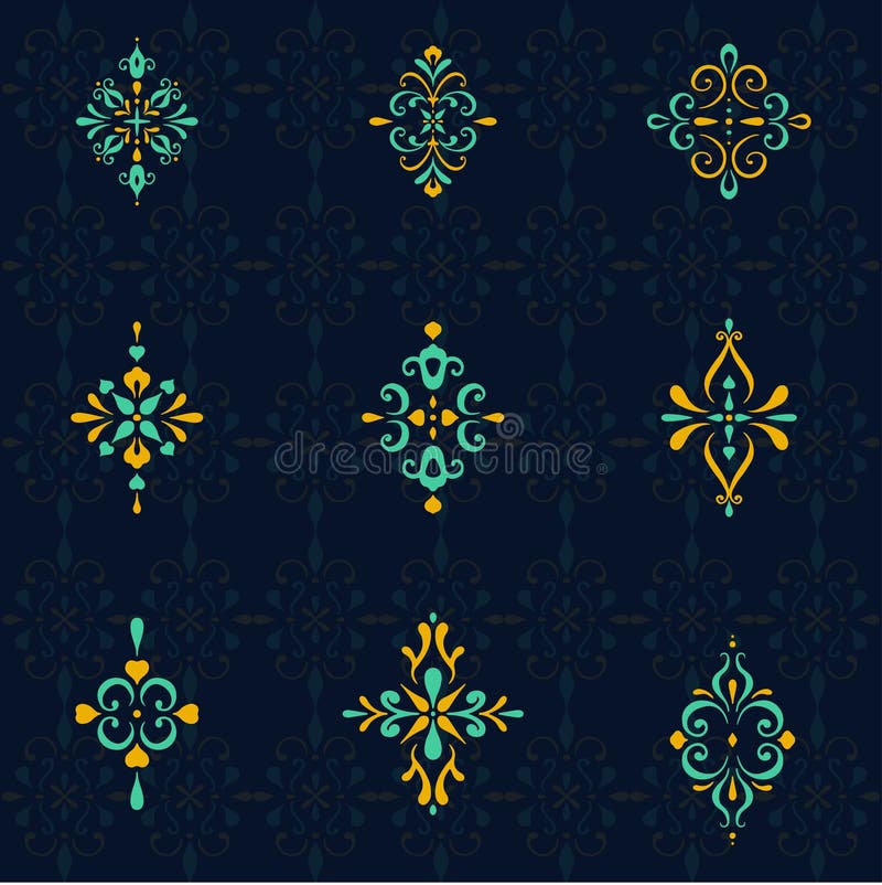 Decorative Repeating Floral Motifs in Teal and Gold on a Dark ...