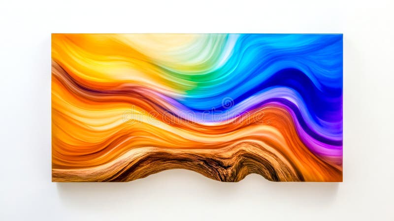 Decorative Resin Artwork Showing Colorful Wavy Pattern and Wooden Piece ...