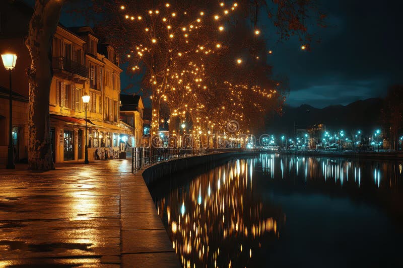 Decorative Riverside Lights at Night Stock Image - Image of scenery ...