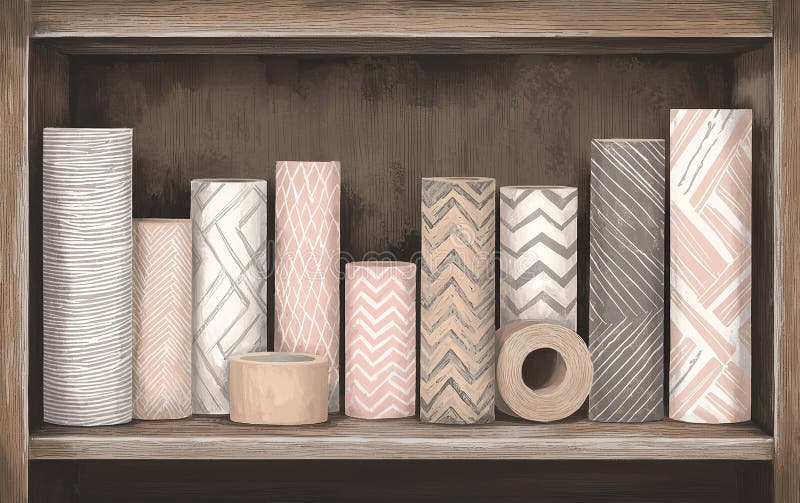 Decorative Rolls of Patterned Paper Displayed on a Wooden Shelf in a ...