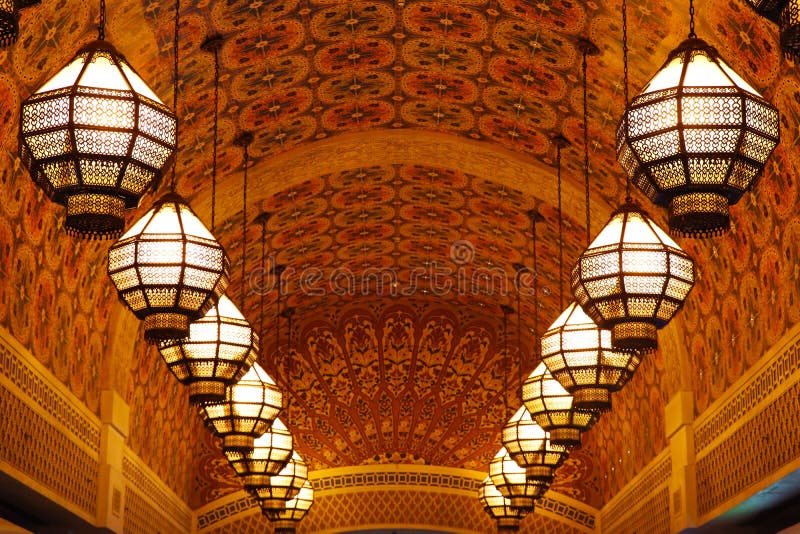 Decorative Roof Lights with Arabic Design Roof Wall at Night Stock ...