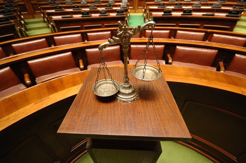 Decorative Scales of Justice in the Courtroom Stock Photo - Image of ...