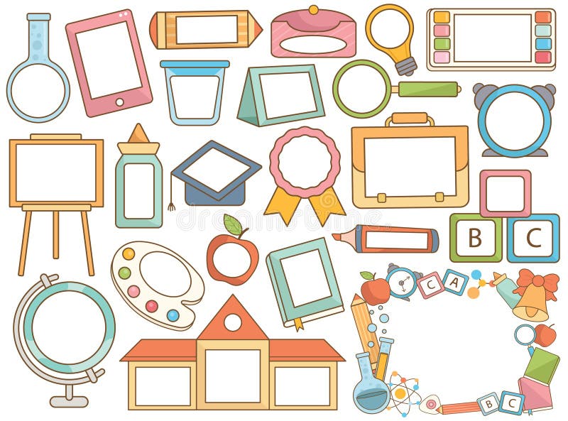 Decorative School Frame and Border Isolated Set with Education ...