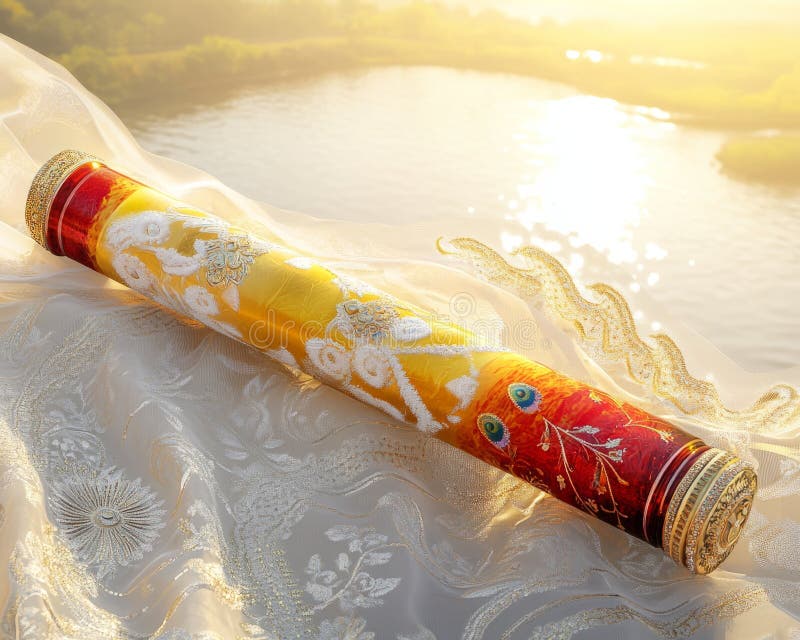 Decorative Scroll with Embroidery by River at Sunset Stock Illustration ...