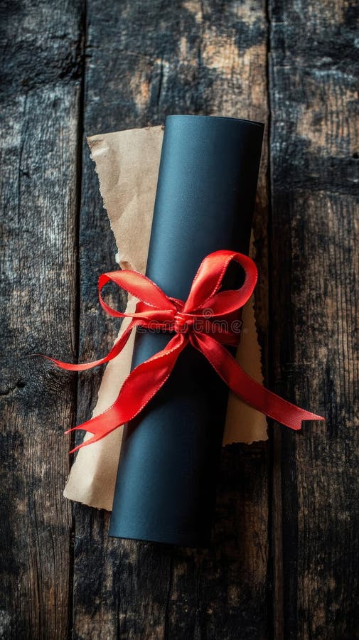Decorative Scroll Tied with Red Ribbon Resting on Black Envelope on ...