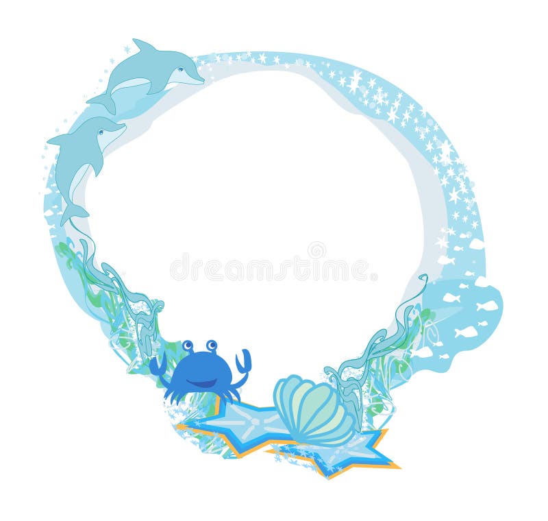 Decorative Sea Frame with Dolphins and a Cheerful Crab Stock Vector ...