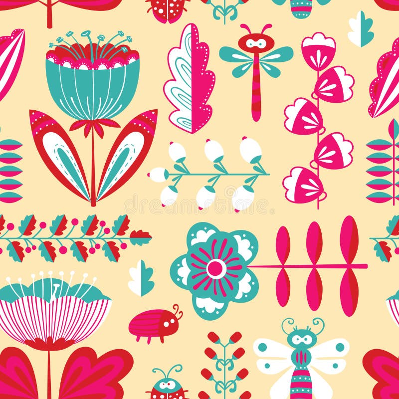 Decorative Seamless Background with Flowers, Bugs and Dragonfly Stock ...