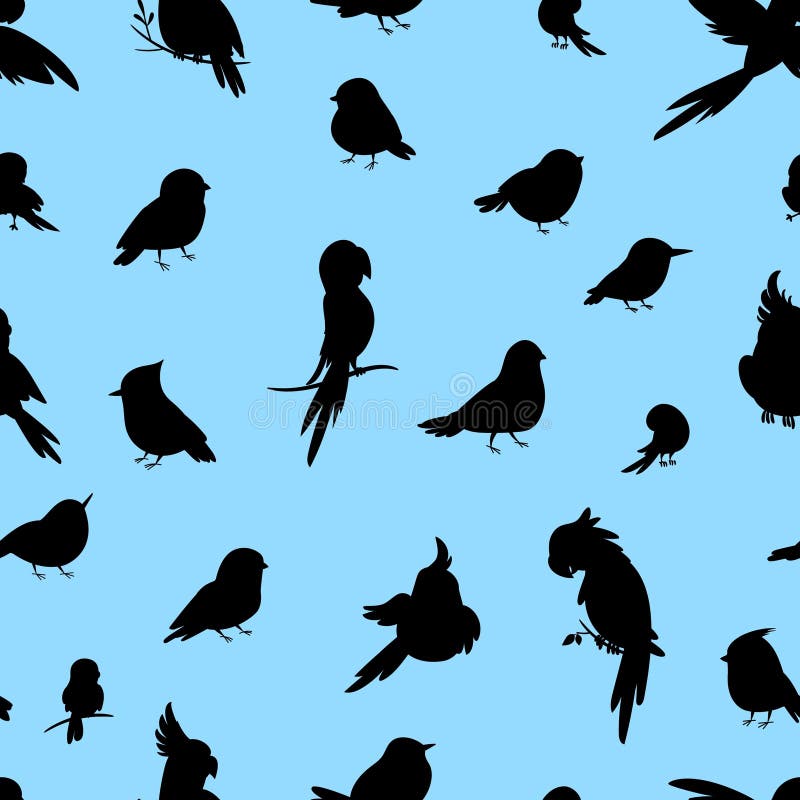 Decorative Seamless Pattern with Black Birds Silhouettes on Blue ...