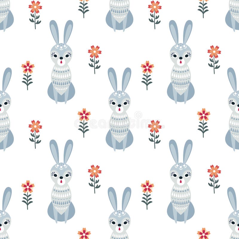 Seamless Pattern in Folk Style with Rabbit Stock Vector - Illustration ...