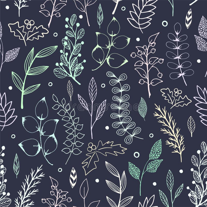 Decorative Seamless Pattern Vector. Hand Drawn Doodle Branches, Leaves ...