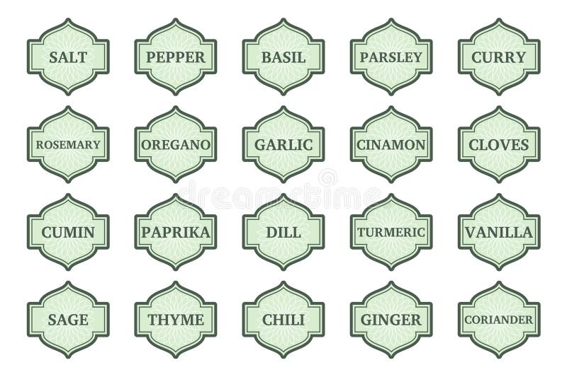 Decorative Seasoning Spice Green Label Emblem Collection Set Stock ...