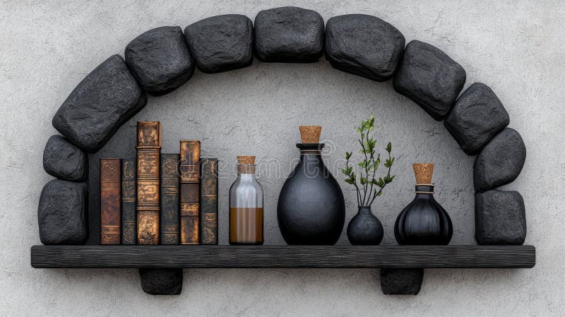 Decorative Shelf with Books and Glass Containers on a Stone Arch ...