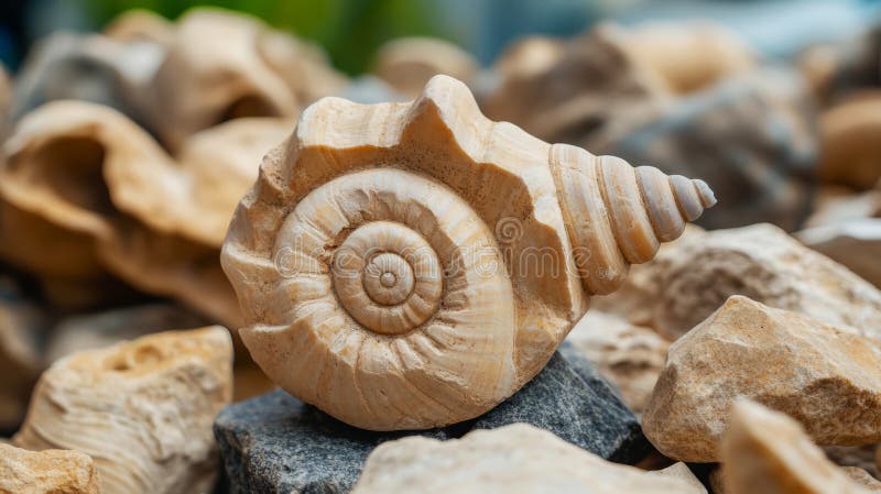 Decorative Shell Carving on Display Amidst Natural Stones and Pebbles ...