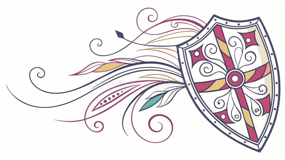 Decorative Shield Graphic with Ornate Patterns and Feather Accents ...