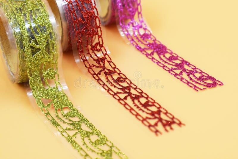 Decorative Shiny Multi-colored Ribbons. New Year`s Serpentine. Three ...