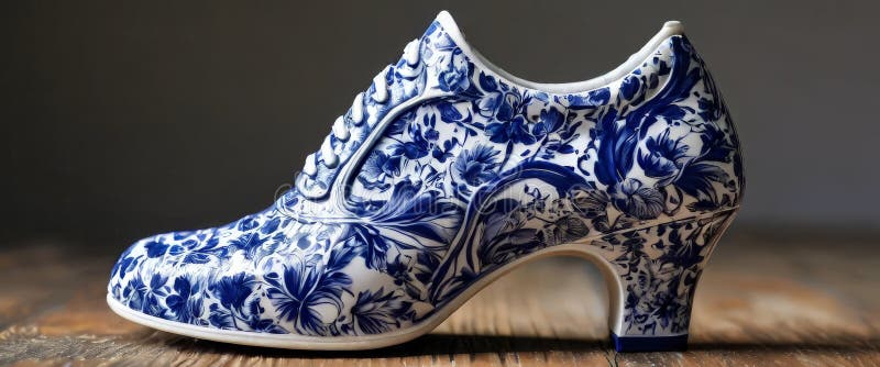 Decorative Shoe with Intricate Blue and White Floral Pattern Stock ...
