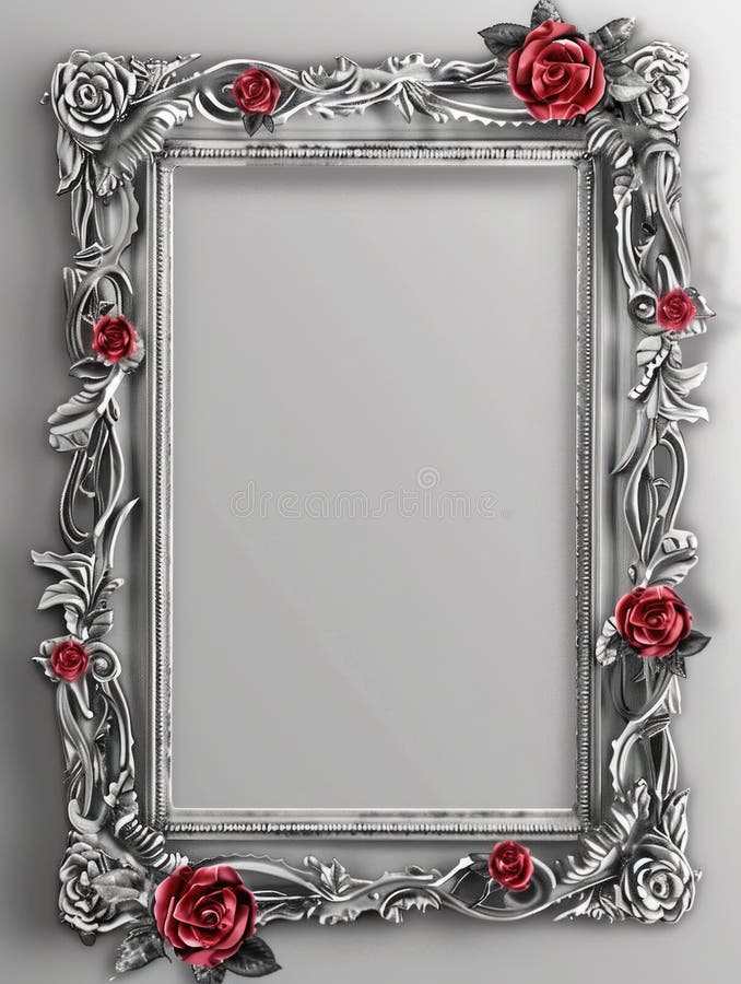 A Decorative Silver Frame Adorned with Red Roses Stock Photo - Image of ...