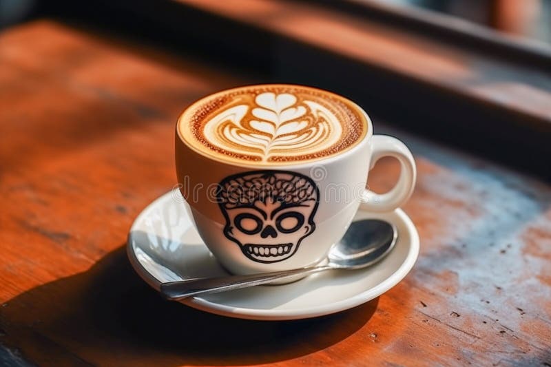 Decorative Skull on Coffee Cup, Symbolizing Caffeine Harm at Cafe Stock ...