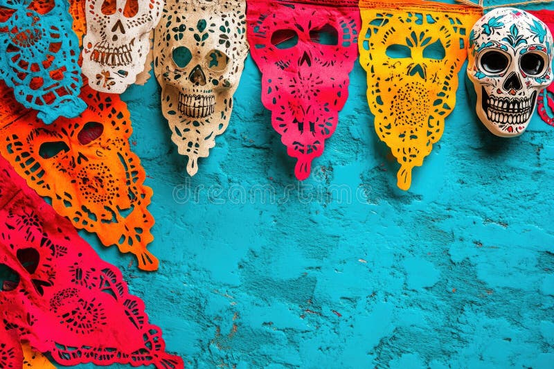 Decorative Skulls Adorn a Bright Blue Surface, Ideal for Halloween or ...