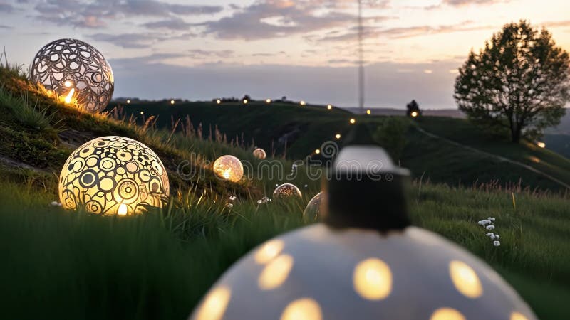 Decorative Solar Orbs Float Above a Grassy Knoll Shimmering Gently ...