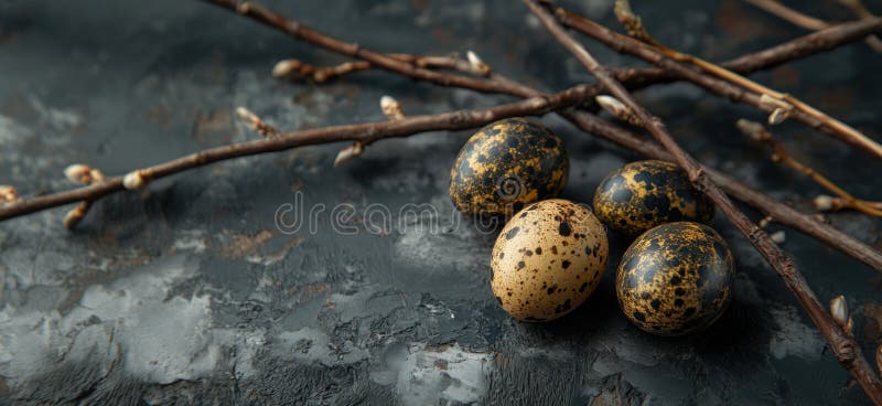 Decorative Speckled Eggs, Natural Twigs, Textured Background. Quail ...