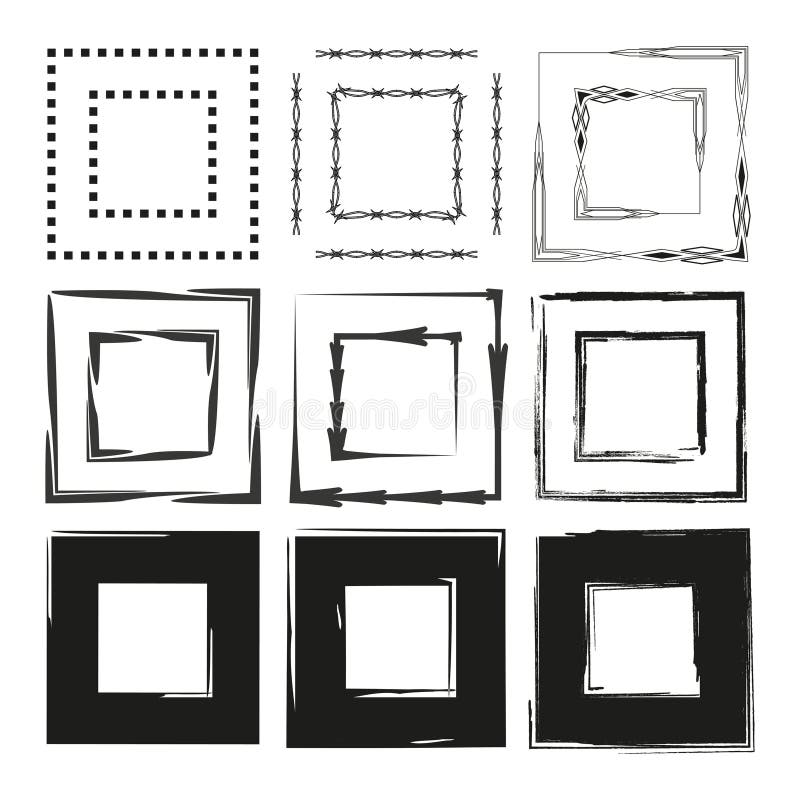 Decorative Square Frames. Varied Border Styles. Black and White Vector ...
