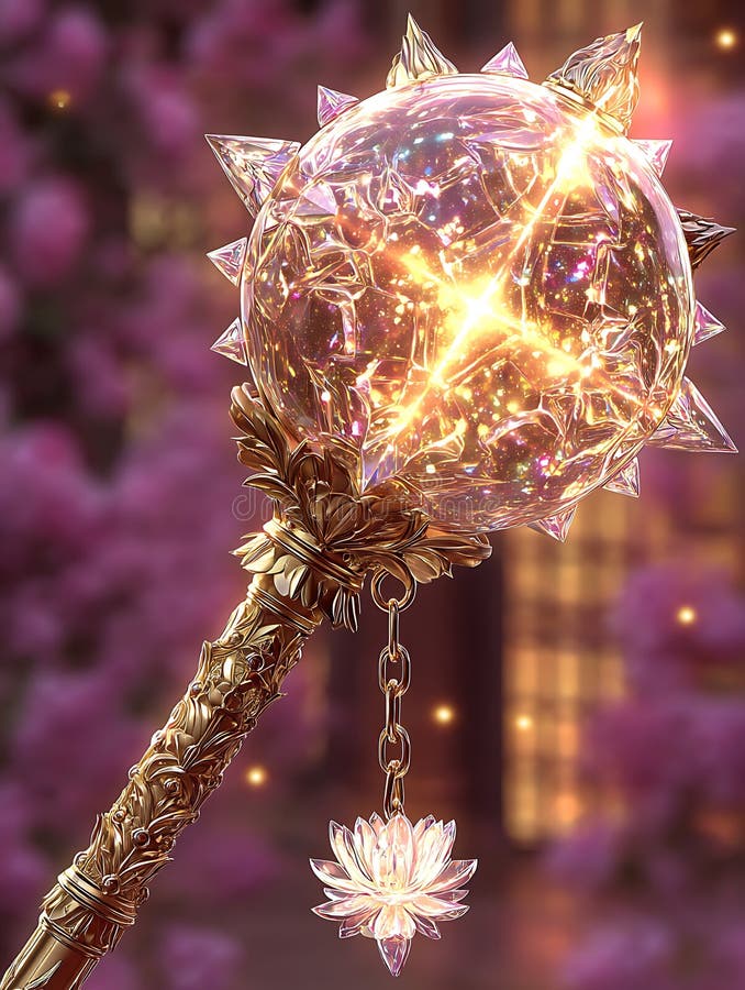 A Decorative Staff Features a Crystal Orb with Glowing Golden Patterns ...