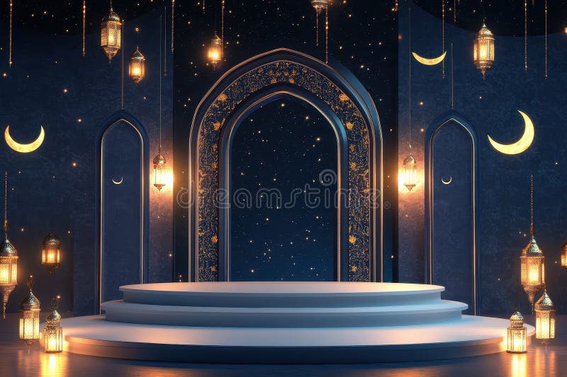 A Decorative Stage with Arches, Lanterns, and Crescent Moons, Ideal for ...