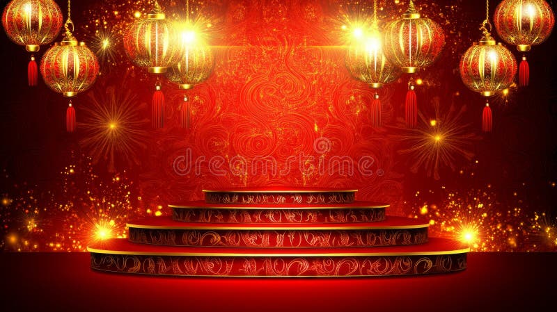 Decorative Stage with Red Lanterns and Festive Background Design Stock ...