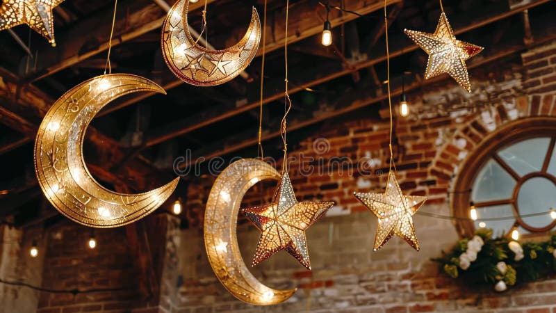 Decorative Star and Moon Lanterns Hanging from a Rustic Ceiling in an ...