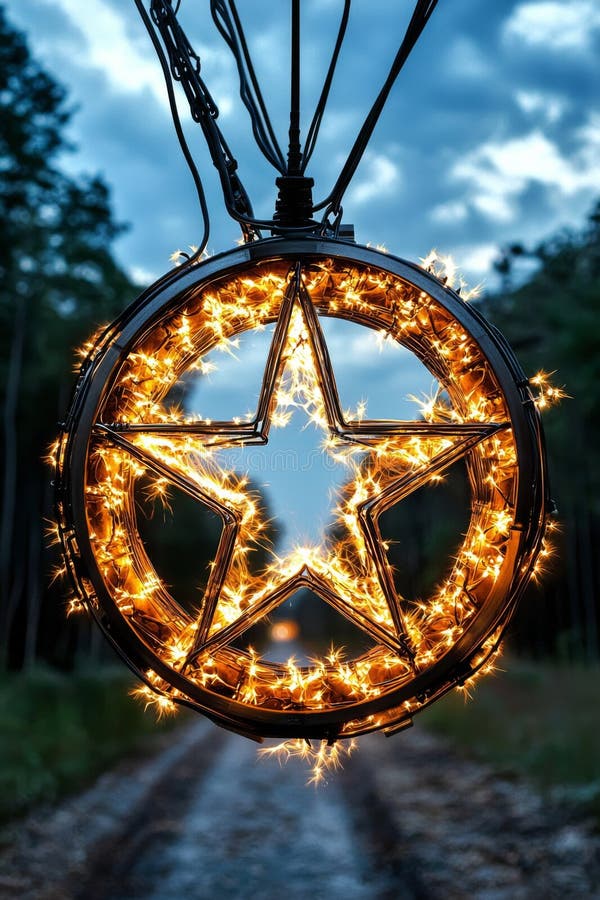 Decorative Star-shaped Light Fixture Illuminates a Forest Path during ...