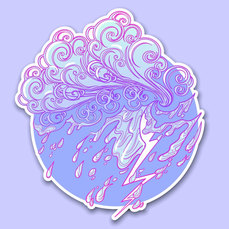 Decorative Sticker. Retro Style Curly Decorative Cloud with Rain Drops ...