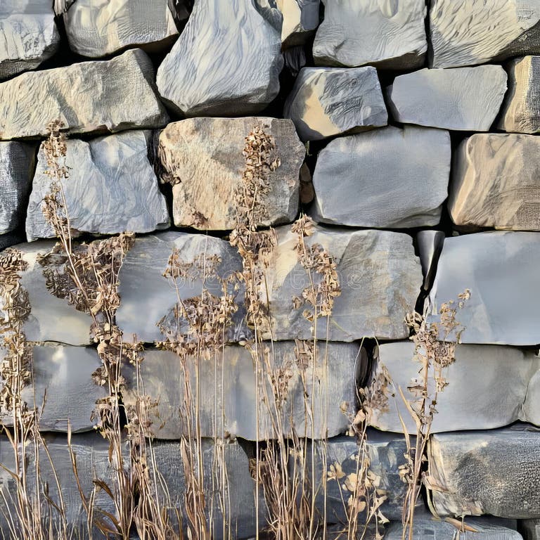 Decorative Stone Wall with Dry Grass. Decorative Stone Wall Background ...