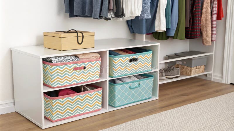Decorative Storage Bins Line the Bottom of the Closet Providing a ...